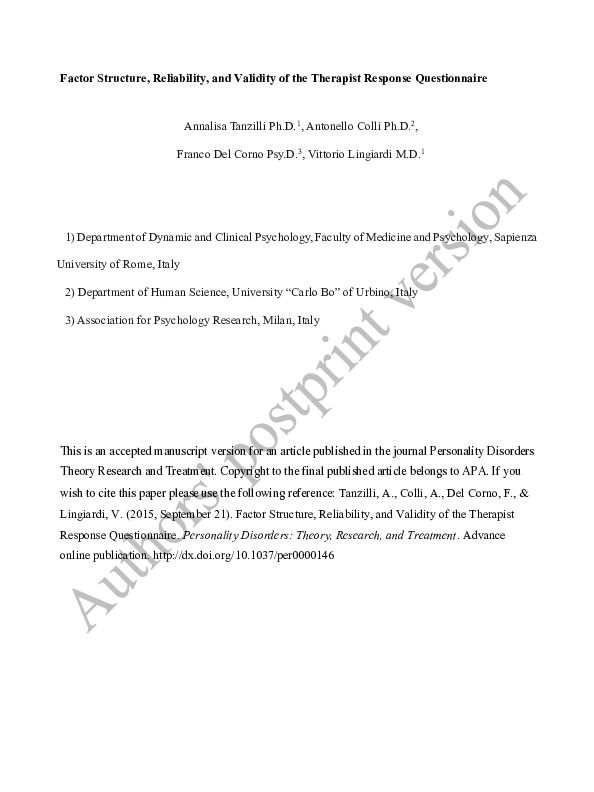 (PDF) Factor structure, reliability, and validity of the Therapist Response Questionnaire