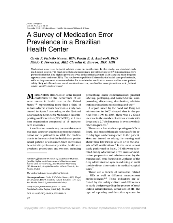 (PDF) A Survey of Medication Error Prevalence in a Brazilian Health Center