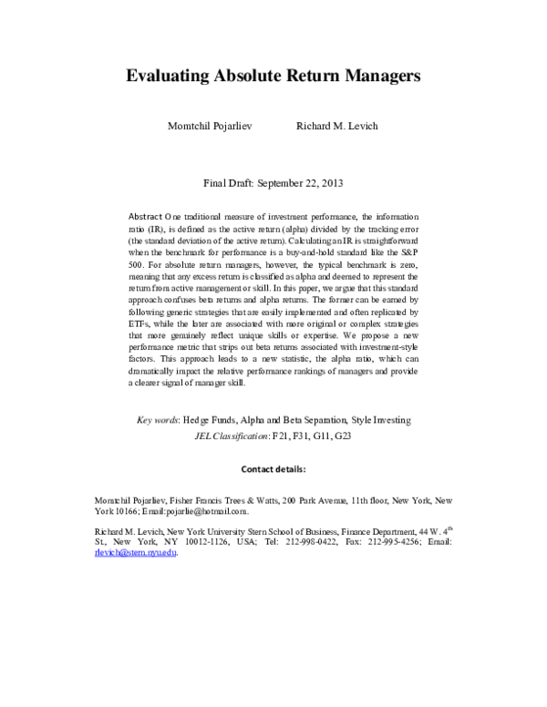 (PDF) Evaluating absolute return managers