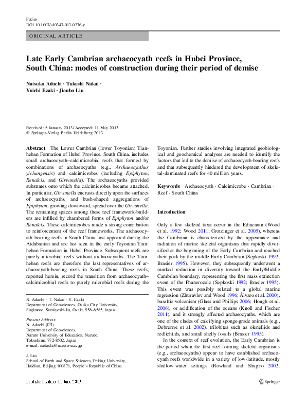 (PDF) Late Early Cambrian archaeocyath reefs in Hubei Province, South ...