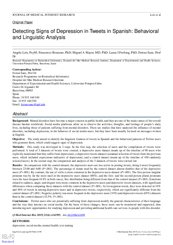 (PDF) Detecting Signs of Depression in Tweets in Spanish: Behavioral ...