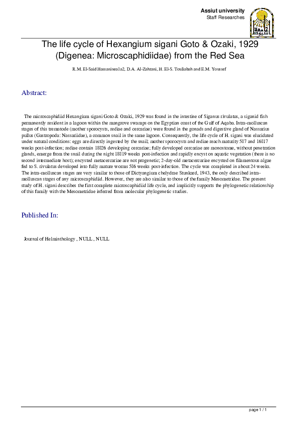 (PDF) The life cycle of Hexangium sigani Goto & Ozaki, 1929 (Digenea ...