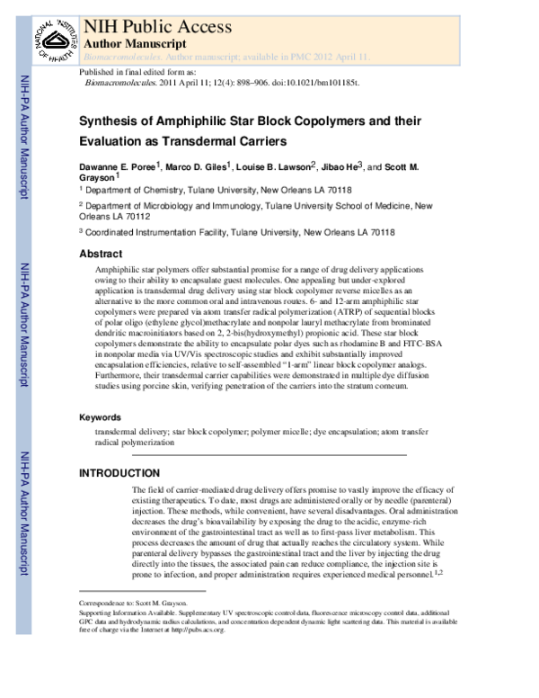 (PDF) Synthesis of Amphiphilic Star Block Copolymers and Their Evaluation as Transdermal Carriers
