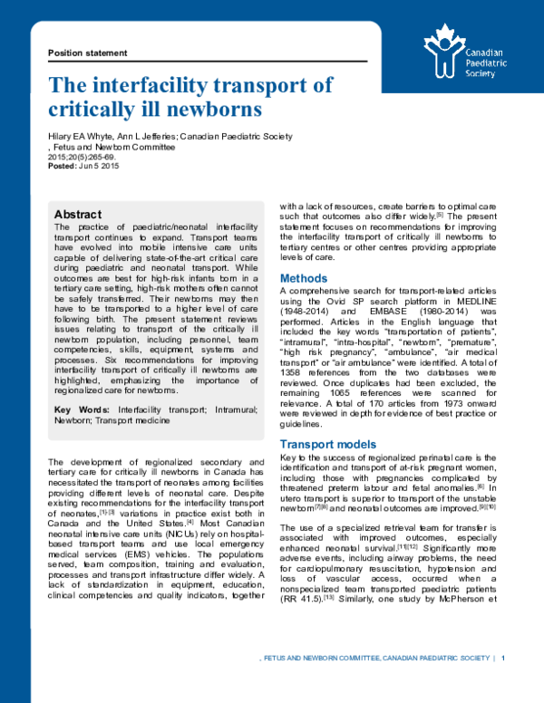(PDF) The interfacility transport of critically ill newborns