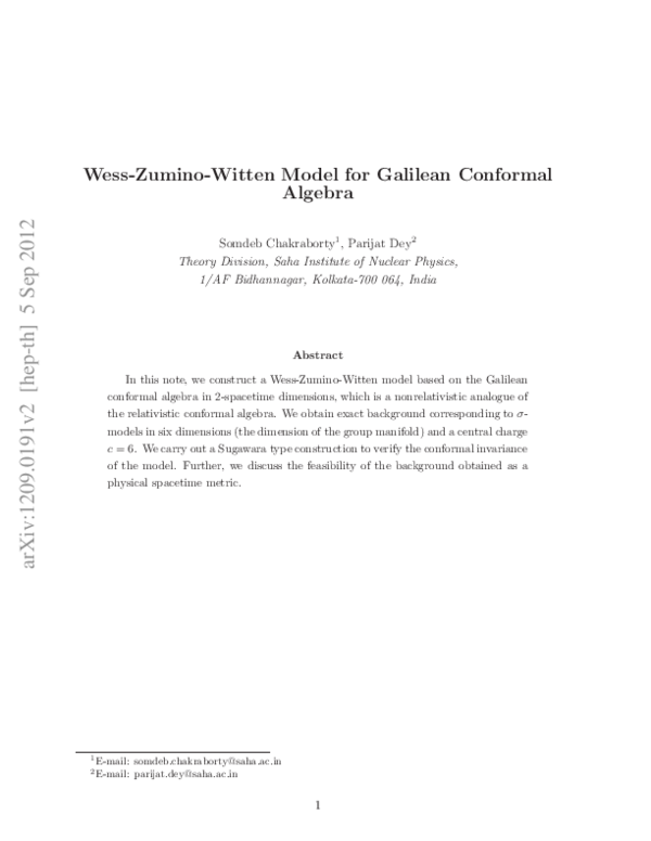 (PDF) 2 Wess-Zumino-Witten Model for Galilean Conformal Algebra ...