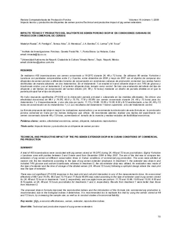 (PDF) Impacto Tecnico y Productivo Del Diluyente De Semen Porcino Dicip-M en Condiciones Cubanas ...