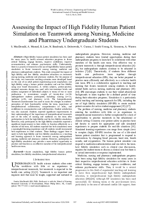 (PDF) Assessing The Impact Of High Fidelity Human Patient Simulation On Teamwork Among Nursing ...