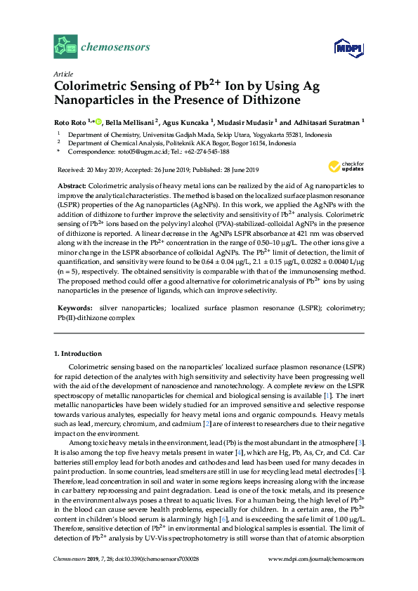 Pdf Colorimetric Sensing Of Pb2 Ion By Using Ag Nanoparticles In The Presence Of Dithizone