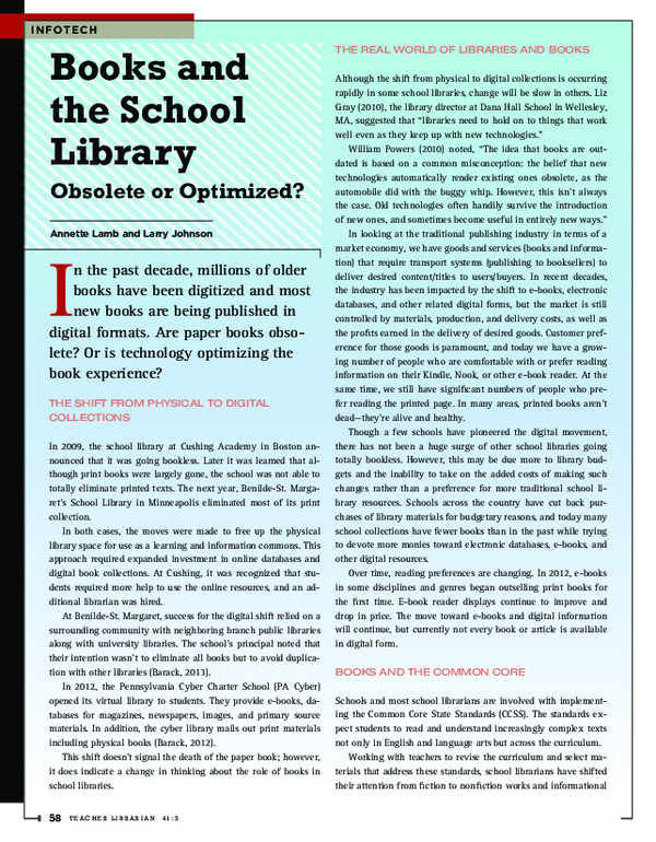 (PDF) Books and the School Library: Obsolete or Optimized?