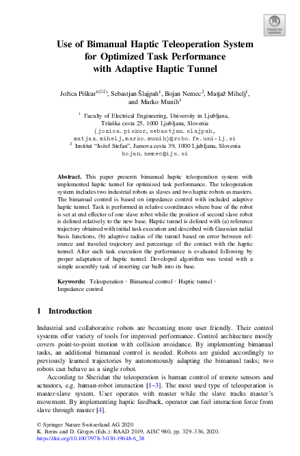 Pdf Use Of Bimanual Haptic Teleoperation System For Optimized Task Performance With Adaptive