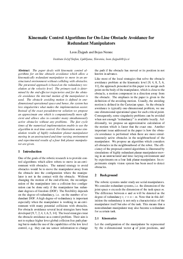 Pdf Kinematic Control Algorithms For On Line Obstacle Avoidance For Redundant Manipulators