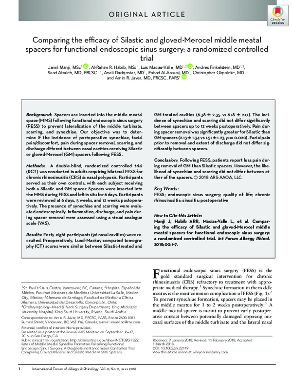 (PDF) Comparing the efficacy of Silastic and gloved-Merocel middle meatal spacers for functional ...