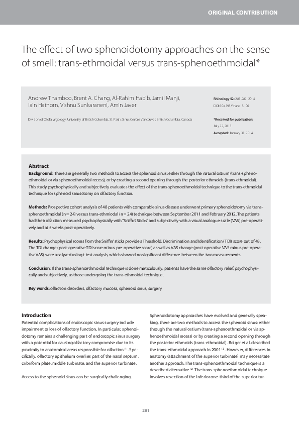 (PDF) The effect of two sphenoidotomy approaches on the sense of smell ...