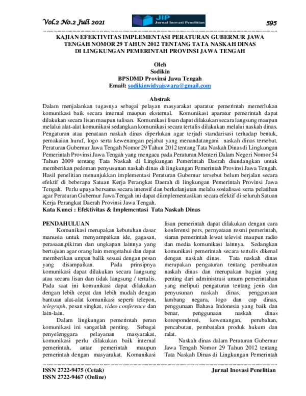 (PDF) Kajian Efektivitas Implementasi Peraturan Gubernur Jawa Tengah Nomor 29 Tahun 2012 Tentang ...