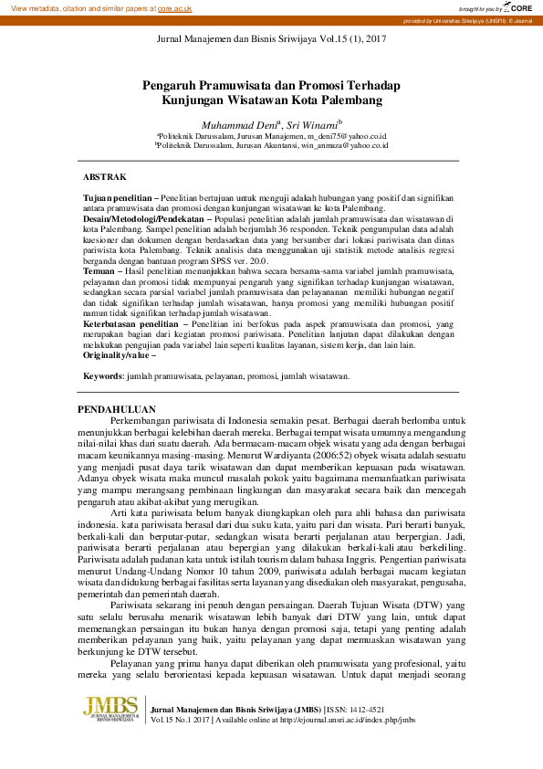 (PDF) Pengaruh Pramuwisata dan Promosi Terhadap Kunjungan Wisatawan Kota Palembang
