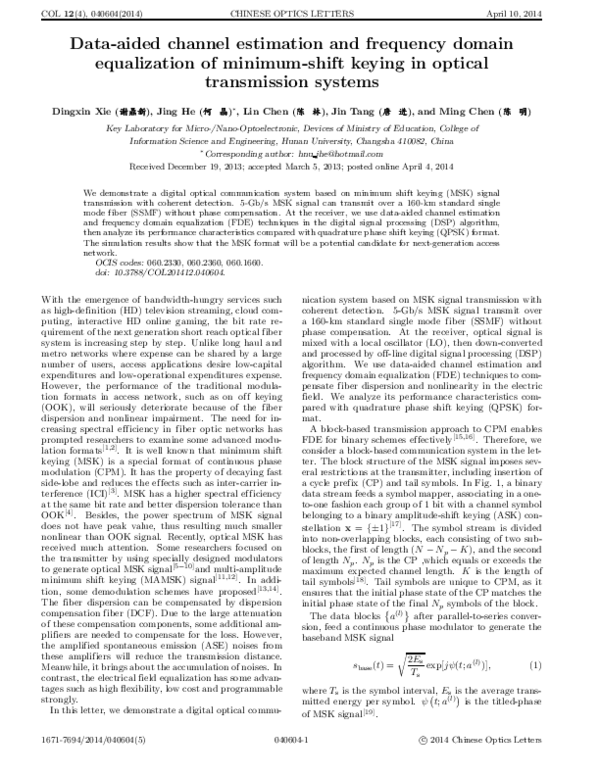 (PDF) Data-aided channel estimation and frequency domain equalization of minimum-shift keying in ...