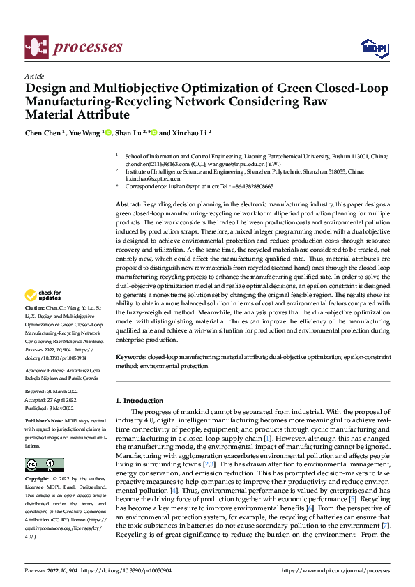 Pdf Design And Multiobjective Optimization Of Green Closed Loop