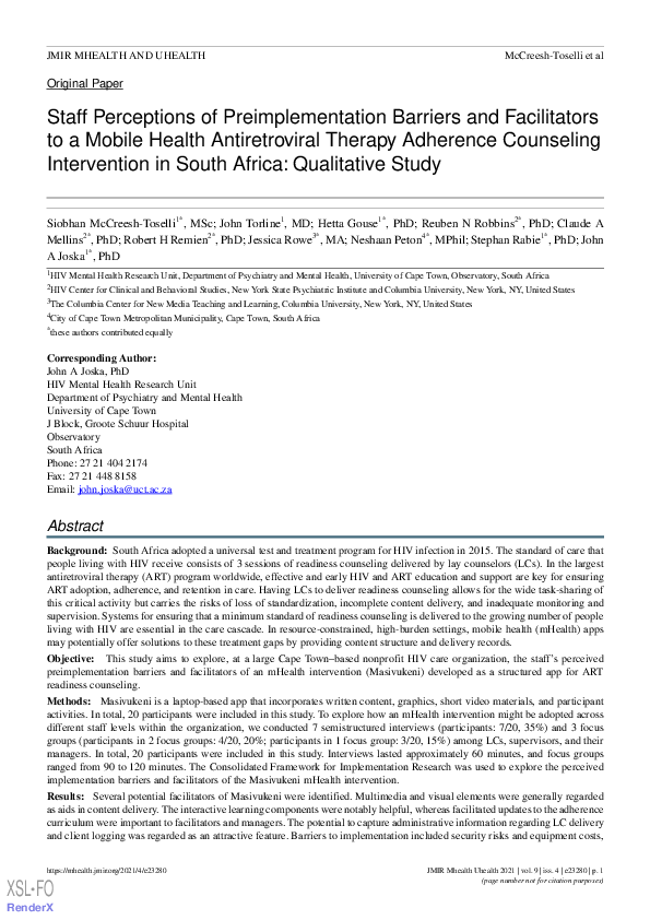 (PDF) Staff Perceptions of Preimplementation Barriers and Facilitators to a Mobile Health ...