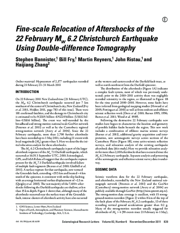 (PDF) Fine-scale Relocation of Aftershocks of the 22 February Mw 6.2 ...