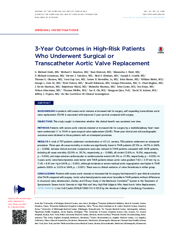 (PDF) 3-Year Outcomes in High-Risk Patients Who Underwent Surgical or Transcatheter Aortic Valve ...