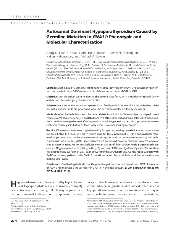 (PDF) Autosomal dominant hypoparathyroidism caused by germline mutation ...