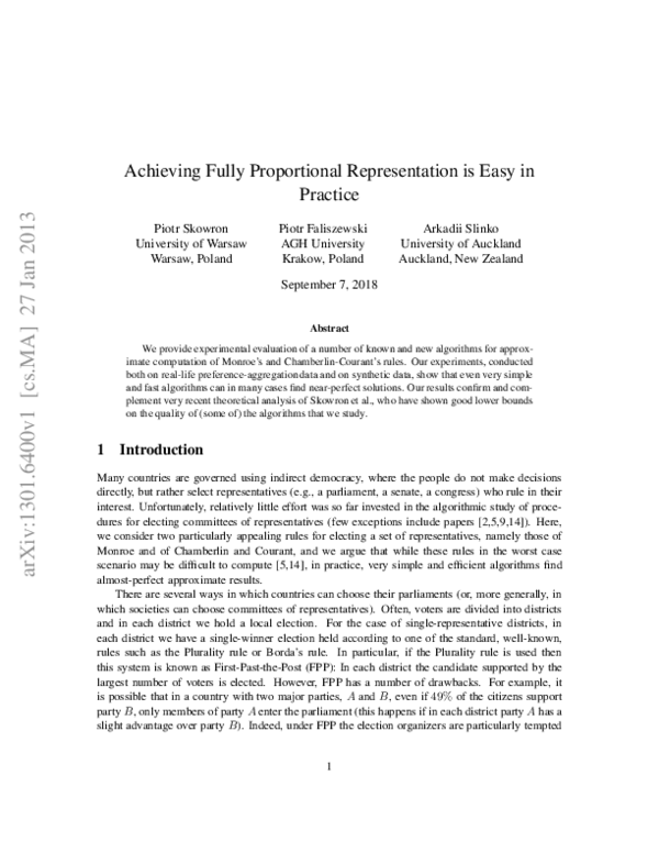 (PDF) Achieving fully proportional representation is easy in practice