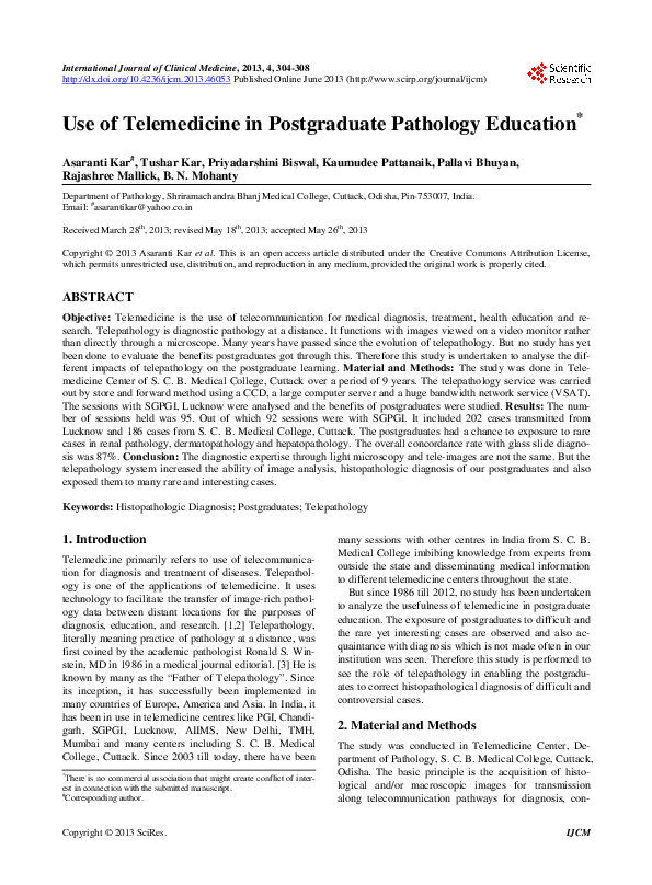 (PDF) Use of Telemedicine in Postgraduate Pathology Education | Asaranti Kar - Academia.edu