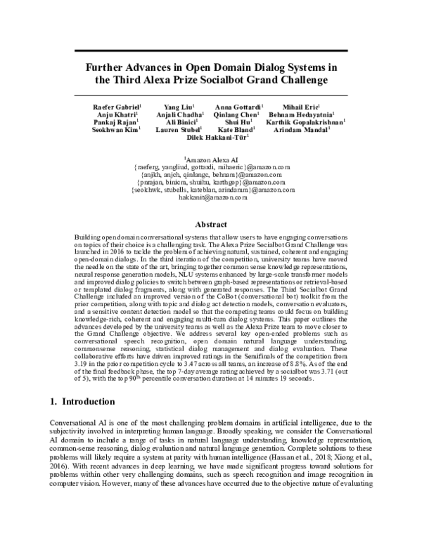 (PDF) Further Advances in Open Domain Dialog Systems in the Third Alexa Prize Socialbot Grand ...
