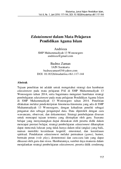 (PDF) Edutainment dalam Mata Pelajaran Pendidikan Agama Islam | Apriliya Rochimah - Academia.edu