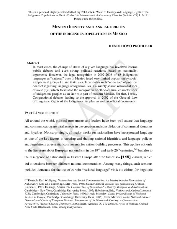 (PDF) Mestizo Identity and Language Rights of the Indigenous Populations of Mexico