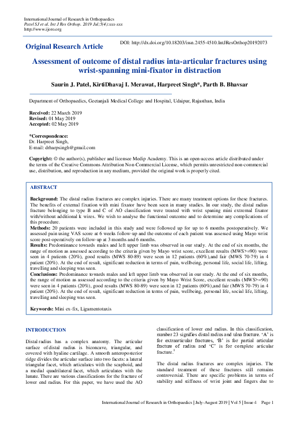 (PDF) Assessment of outcome of distal radius inta-articular fractures using wrist-spanning mini ...