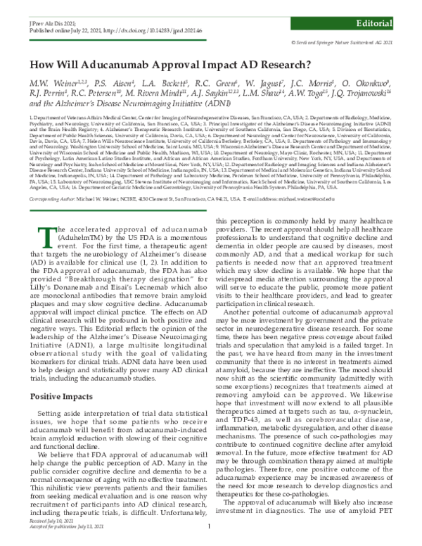 (PDF) How Will Aducanumab Approval Impact AD Research?