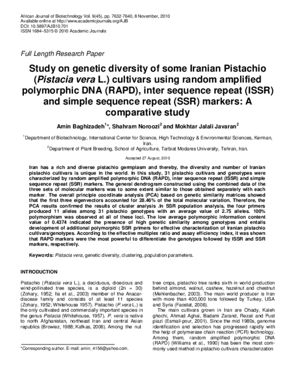 (PDF) Study on genetic diversity of some Iranian Pistachio ( Pistacia vera L.) cultivars using ...