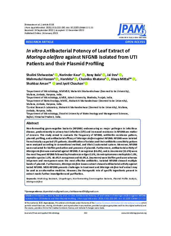 (PDF) In vitro Antibacterial Potency of Leaf Extract of Moringa oleifera against NFGNB Isolated ...