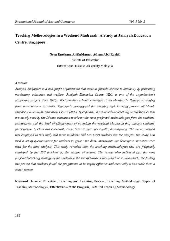(PDF) Teaching methodologies in a weekend madrasah: a study at Jamiyah ...