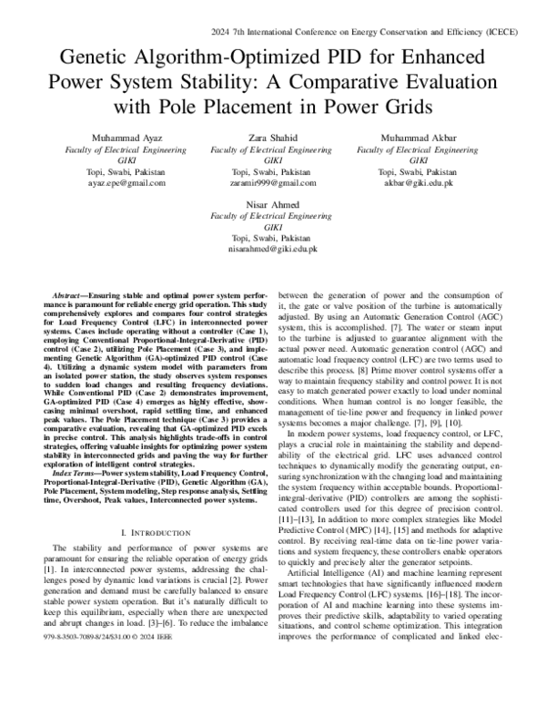 Pdf Genetic Algorithm Optimized Pid For Enhanced Power System