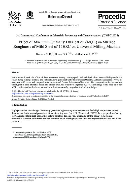 (PDF) Effect of Minimum Quantity Lubrication (MQL) on Surface Roughness of Mild Steel of 15HRC ...