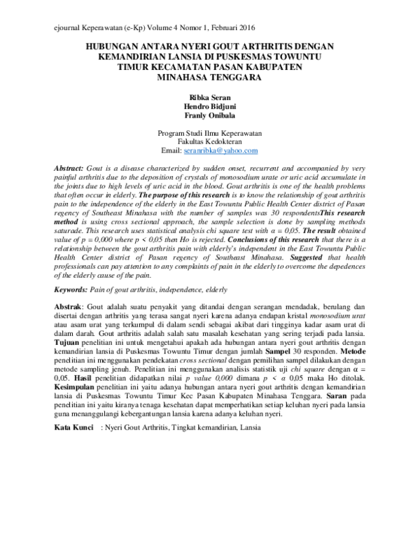 (PDF) Hubungan Antara Nyeri Gout Arthritis Dengan Kemandirian Lansia DI Puskesmas Towuntu Timur ...