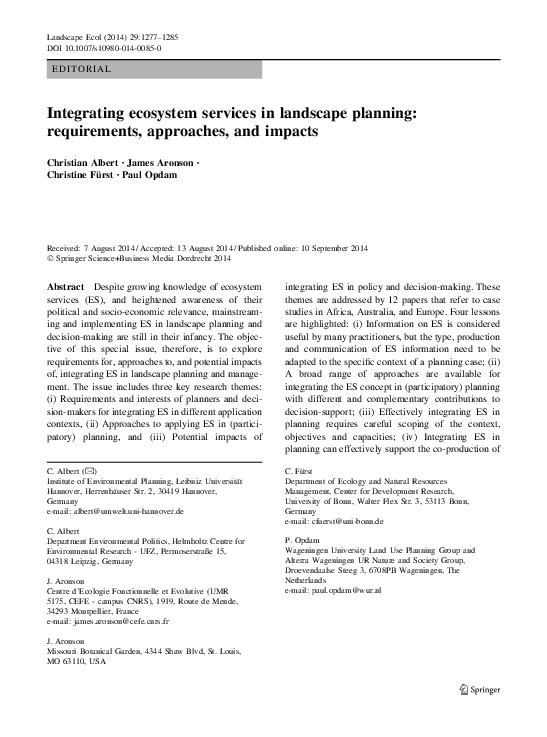 (PDF) Integrating ecosystem services in landscape planning: requirements, approaches, and impacts