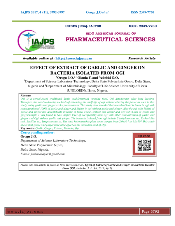 (PDF) Effect Of Extract Of Garlic And Ginger On Bacteria Isolated From Ogi