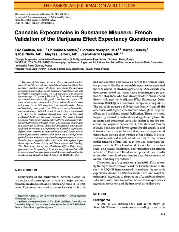 (PDF) Cannabis Expectancies in Substance Misusers: French Validation of ...