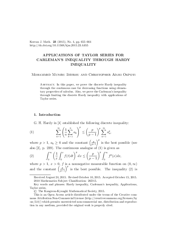 (PDF) Applications of Taylor Series for Carleman's Inequality Through Hardy Inequality