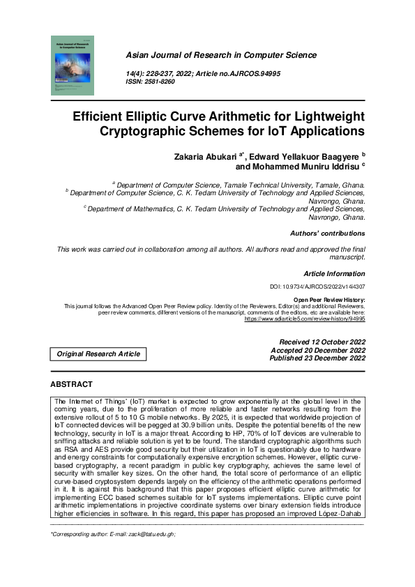 Pdf Efficient Elliptic Curve Arithmetic For Lightweight Cryptographic Schemes For Iot Applications