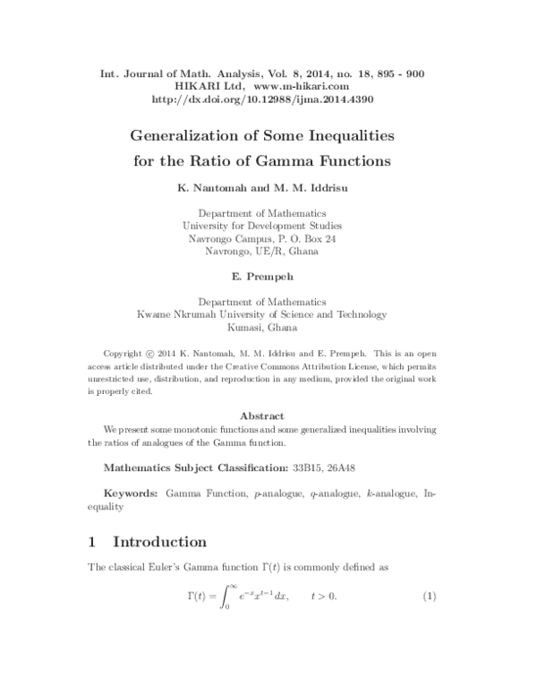 (PDF) Generalization of some inequalities for the ratio of gamma functions