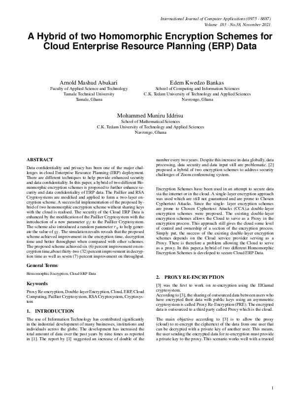 (PDF) A Hybrid of two Homomorphic Encryption Schemes for Cloud ...