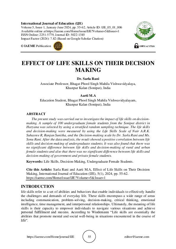 (PDF) EFFECT OF LIFE SKILLS ON THEIR DECISION MAKING