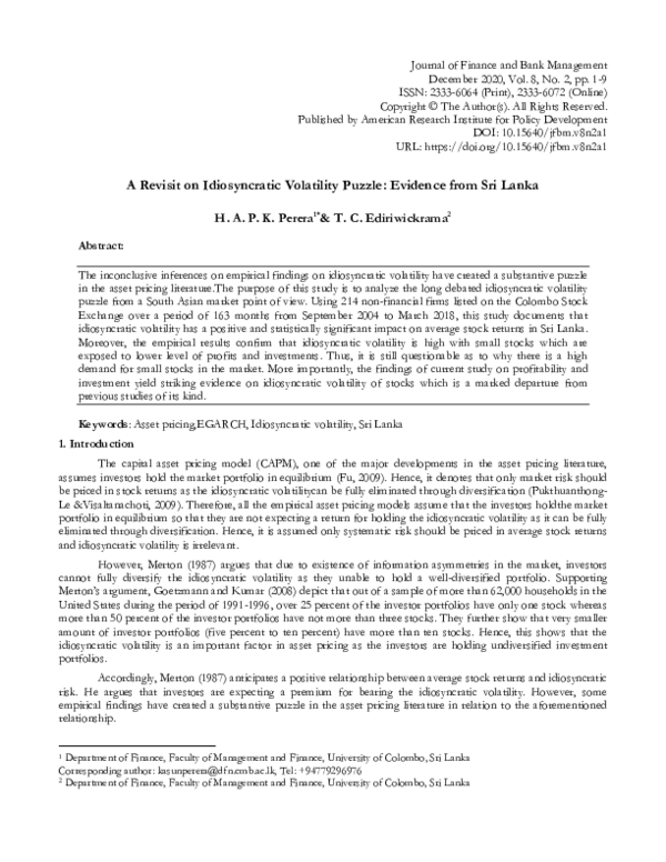 (PDF) A Revisit on Idiosyncratic Volatility Puzzle: Evidence from Sri Lanka