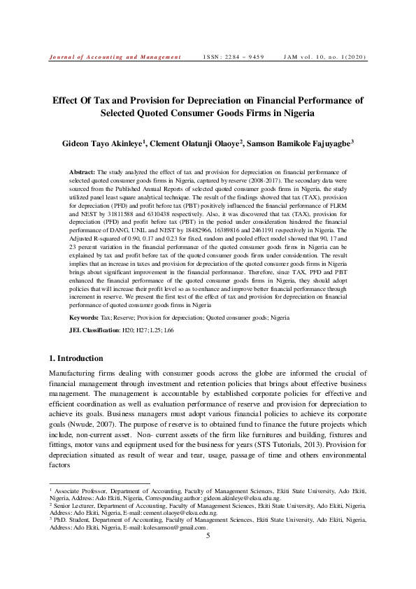 (PDF) Effect Of Tax and Provision for Depreciation on Financial Performance of Selected Quoted ...