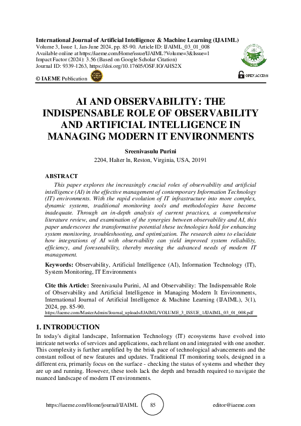 (PDF) AI AND OBSERVABILITY: THE INDISPENSABLE ROLE OF OBSERVABILITY AND ARTIFICIAL INTELLIGENCE ...