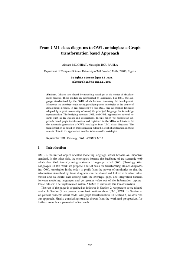 (PDF) From UML Class Diagrams to OWL Ontologies: A Graph Transformation Based Approach